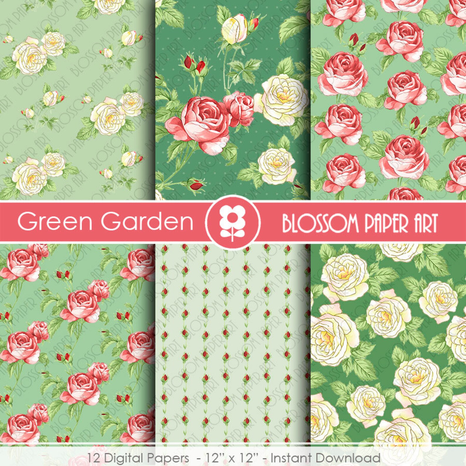 Green Floral Digital Paper Pack: Roses Scrapbook Backgrounds (digital ...