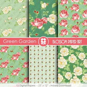Green Scrapbook Paper Floral Digital Paper Roses Digital Paper Pack ...