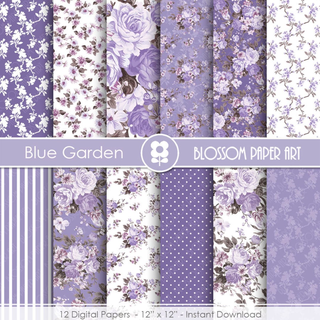Violet Blue Digital Paper, Rose Digital Paper Pack, Purple Floral ...