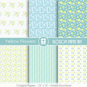 Floral Digital Paper Light Blue & Yellow Papers Scrapbooking - Etsy