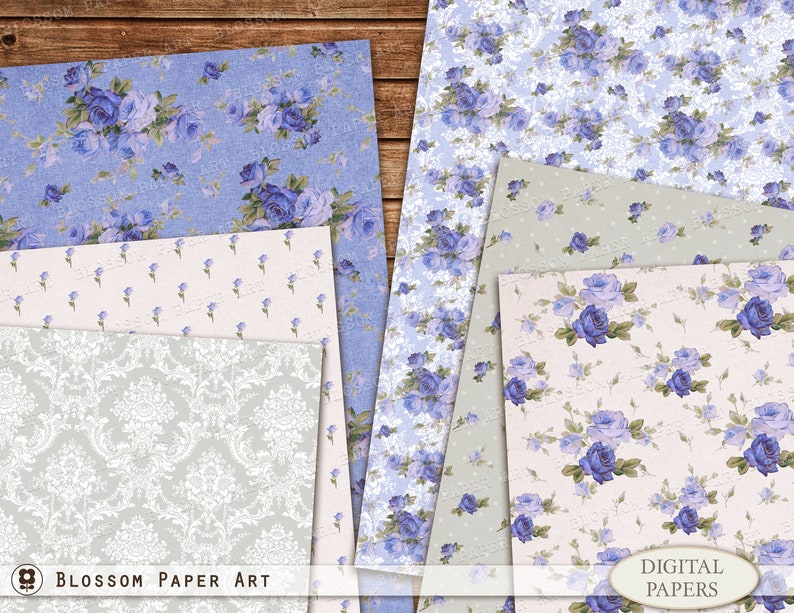 Blue Scrapbook Paper Floral Digital Paper Vintage Paper Pack - Etsy