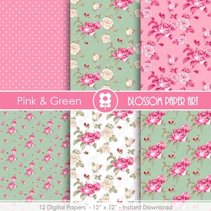Rose Digital Paper, Pink Green Floral Digital Paper Pack, Pink Roses ...