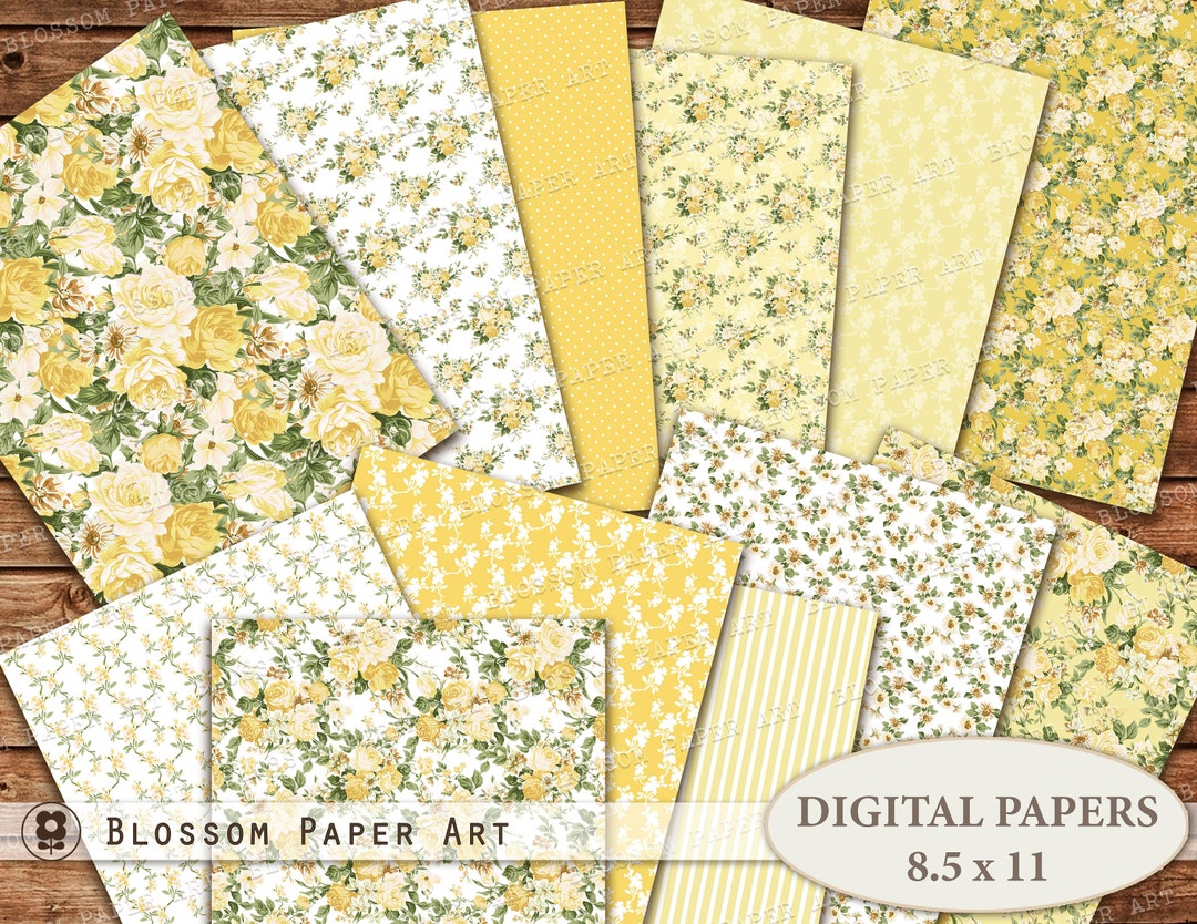 Yellow Digital Paper, Floral Scrapbook Paper, 8,5x11 Papers, Collage ...
