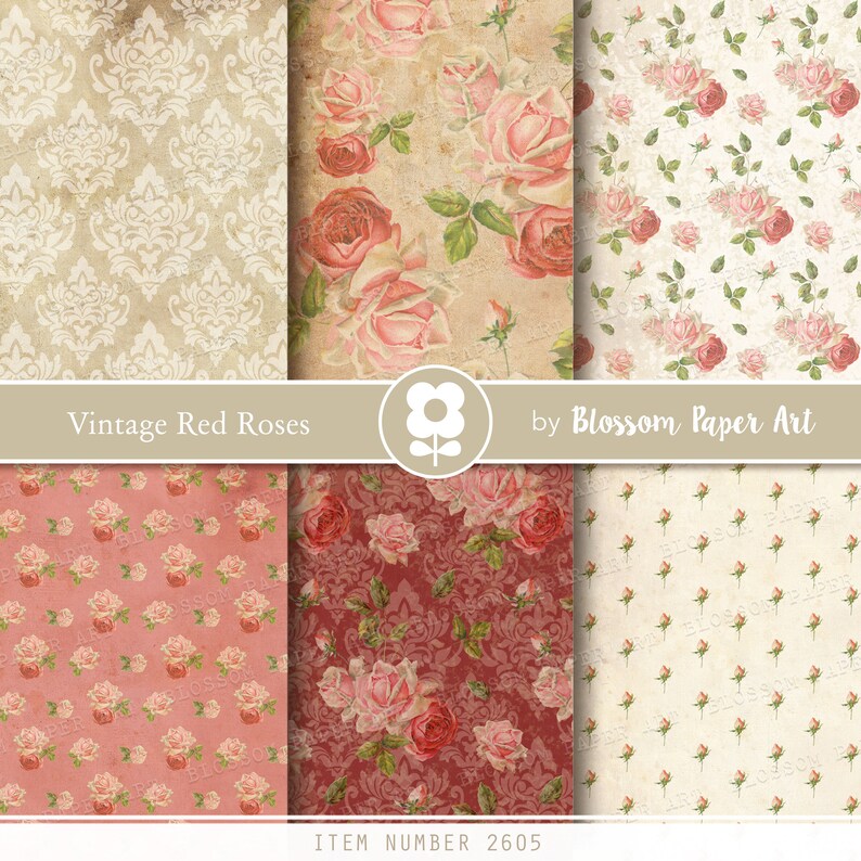 Vintage Red Roses Digital Paper Pack: Scrapbook Collage Sheets (digital ...