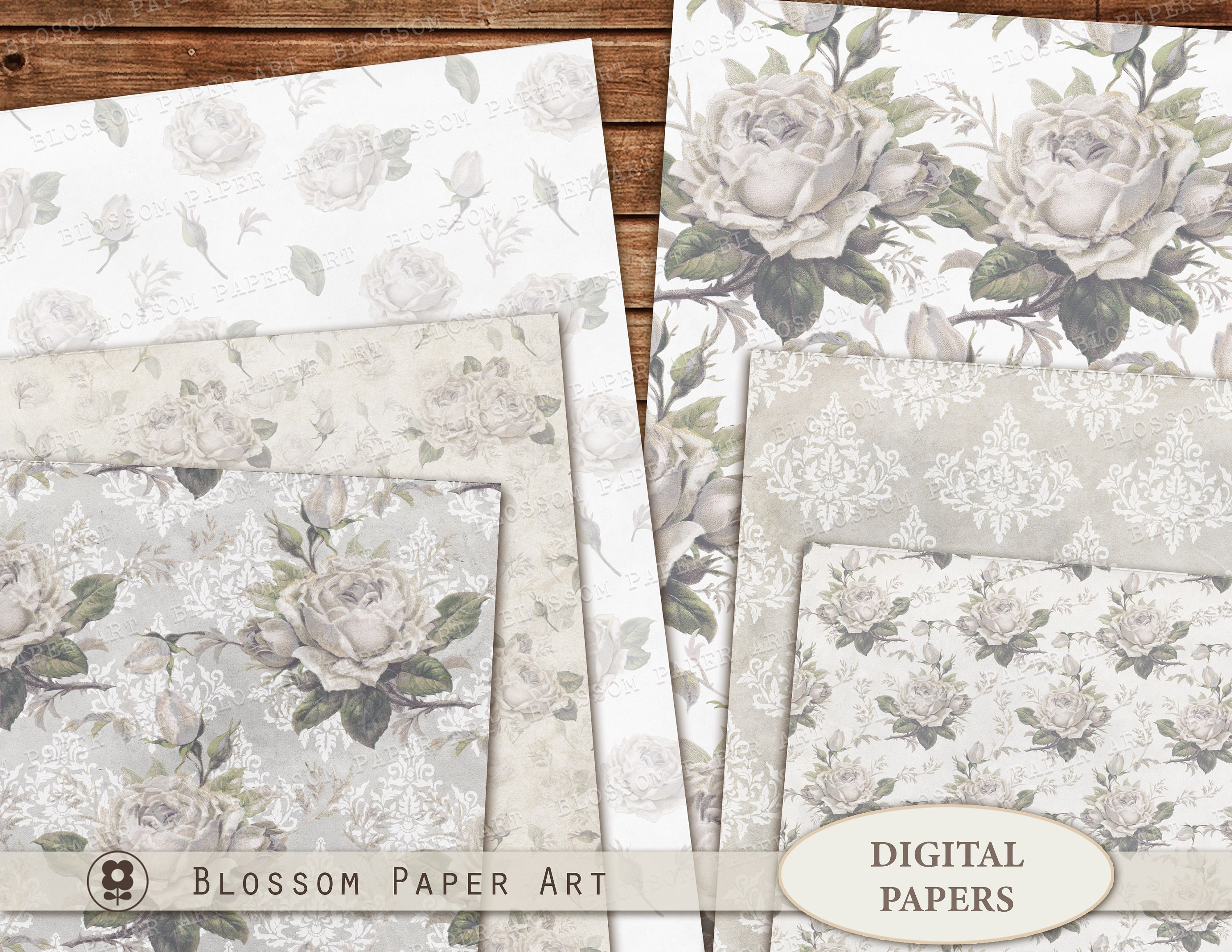 Digital Paper Shabby Chic Papers Gray Scrapbook Paper Roses | Etsy