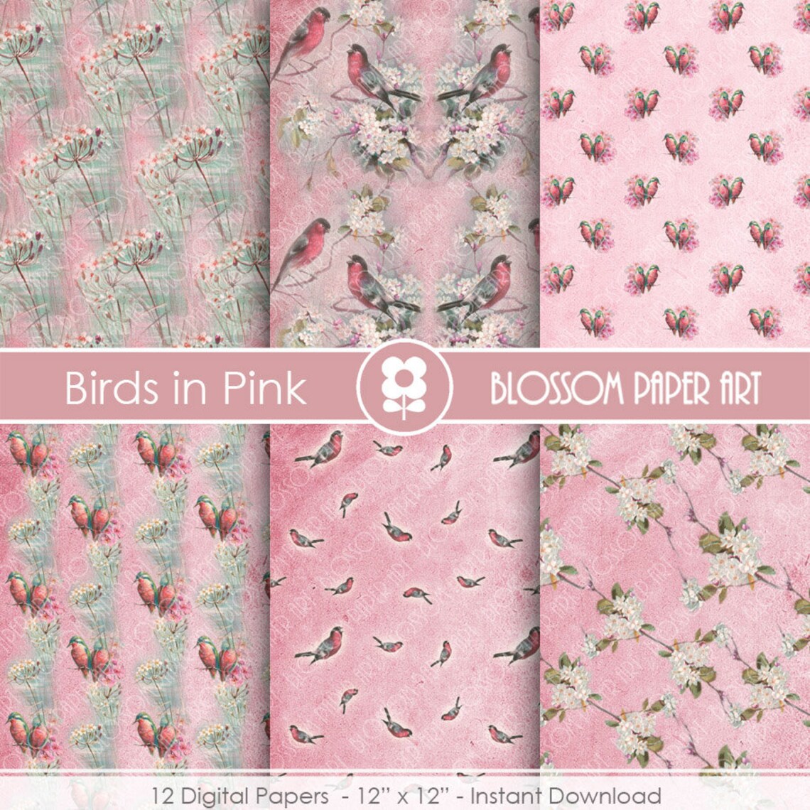 Birds Digital Paper Vintage Paper Birds Pink Vintage - Etsy