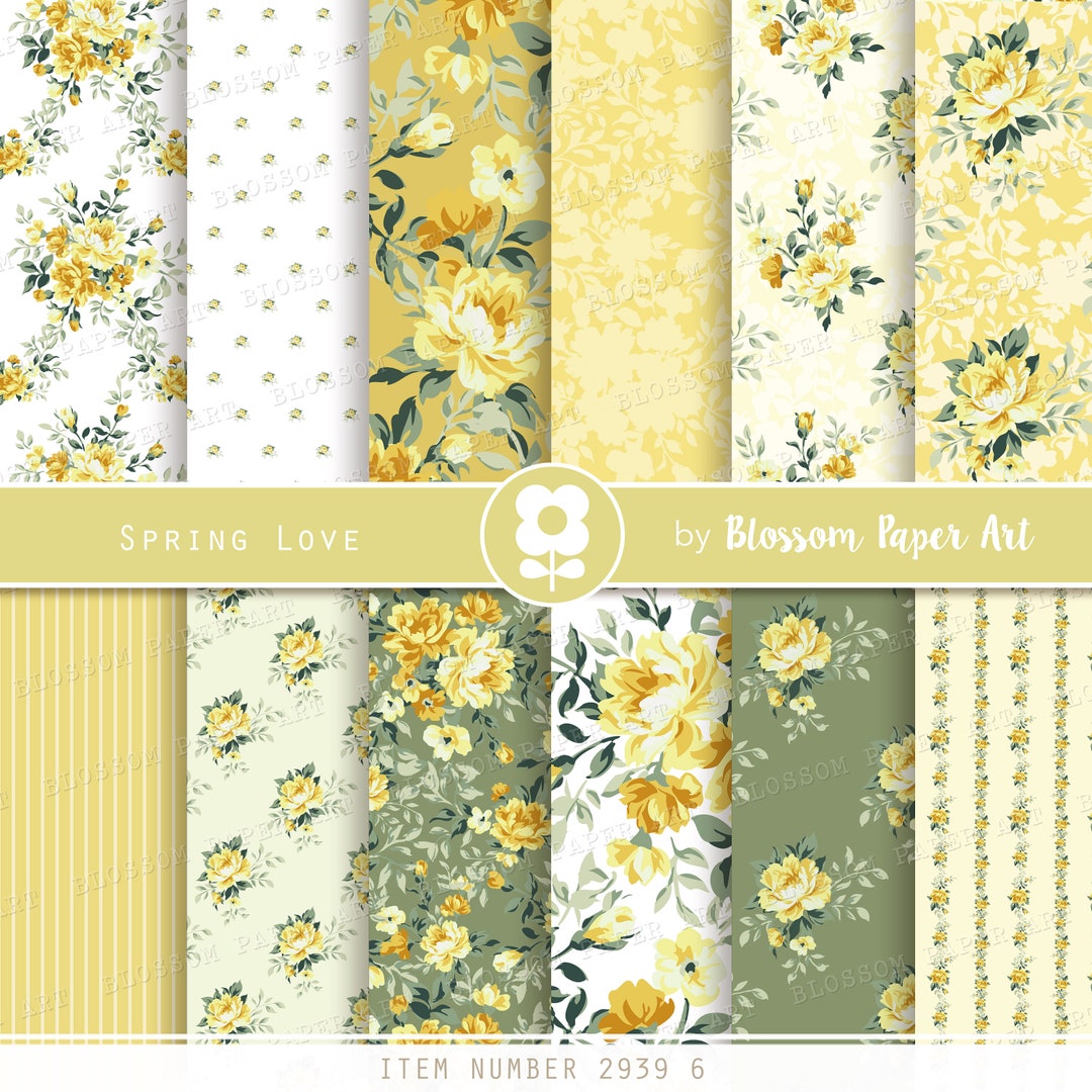 Yellow and Green Digital Paper, Floral Scrapbook Papers, Digital ...