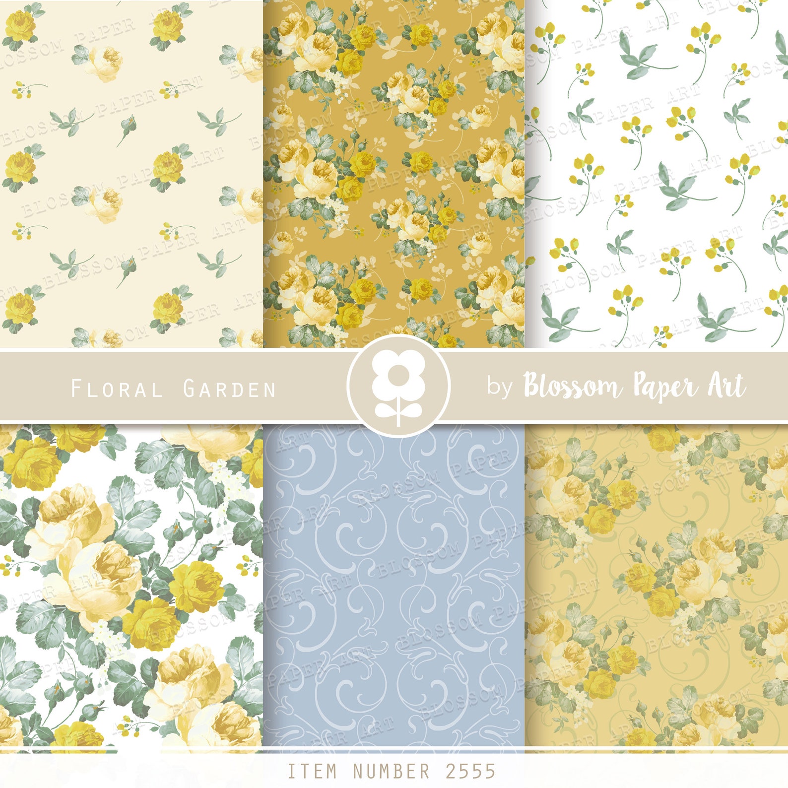 Blue Floral Digital Paper Yellow Digital Paper Pack Rose | Etsy