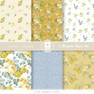 Blue Floral Digital Paper, Yellow Digital Paper Pack, Rose Scrapbook ...