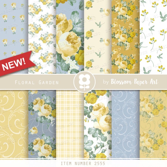 Blue Floral Digital Paper Yellow Digital Paper Pack Rose | Etsy