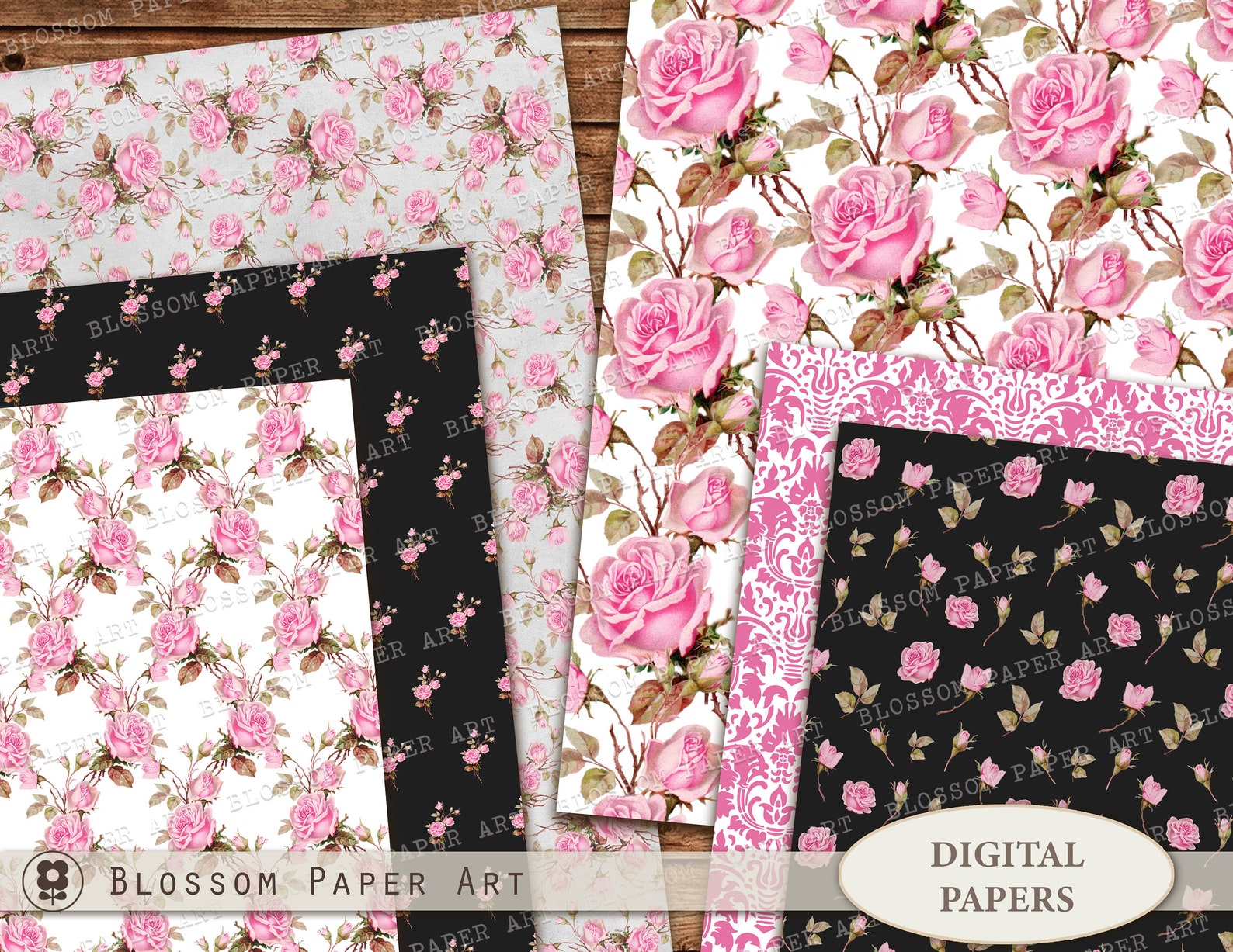 Hot Pink and Black Digital Paper Shabby Chic Scrapbook Paper - Etsy