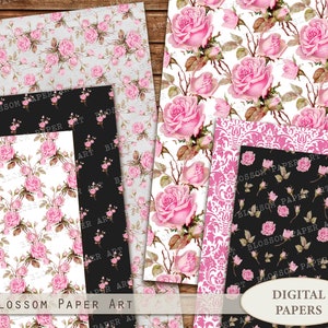 Hot Pink and Black Digital Paper, Shabby Chic Scrapbook Paper, Pink ...