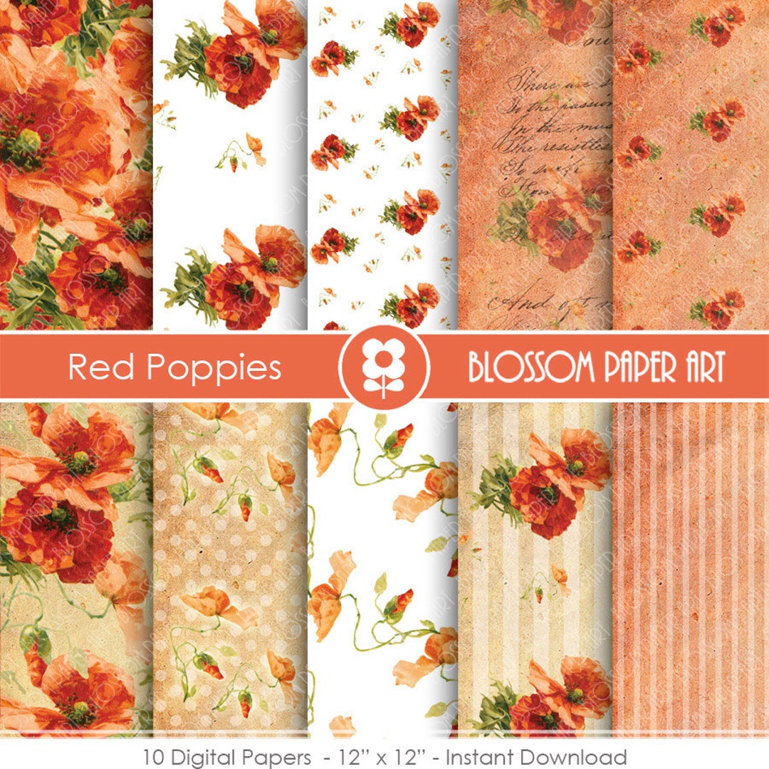 Digital Paper, Poppies Digital Paper Pack, Red Floral Collage Sheet ...