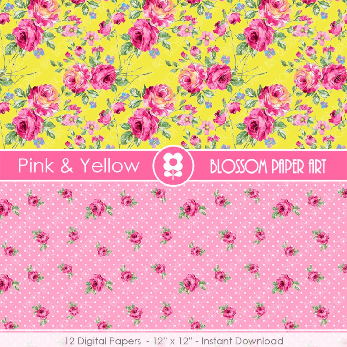 Pink Floral Papers Yellow Floral Paper Pack Digital - Etsy