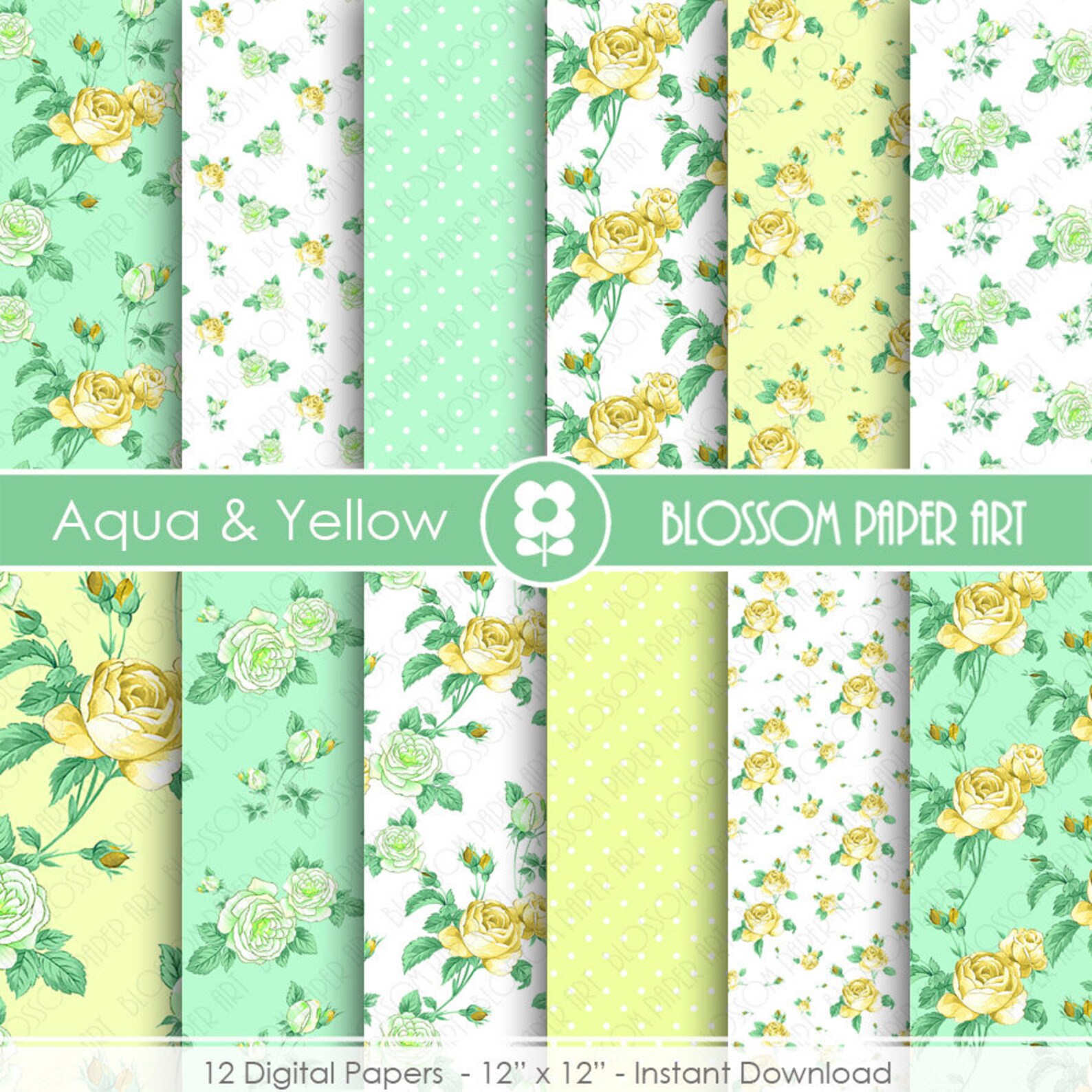 Aqua Floral Digital Paper Yellow Roses Shabby Chic Digital - Etsy