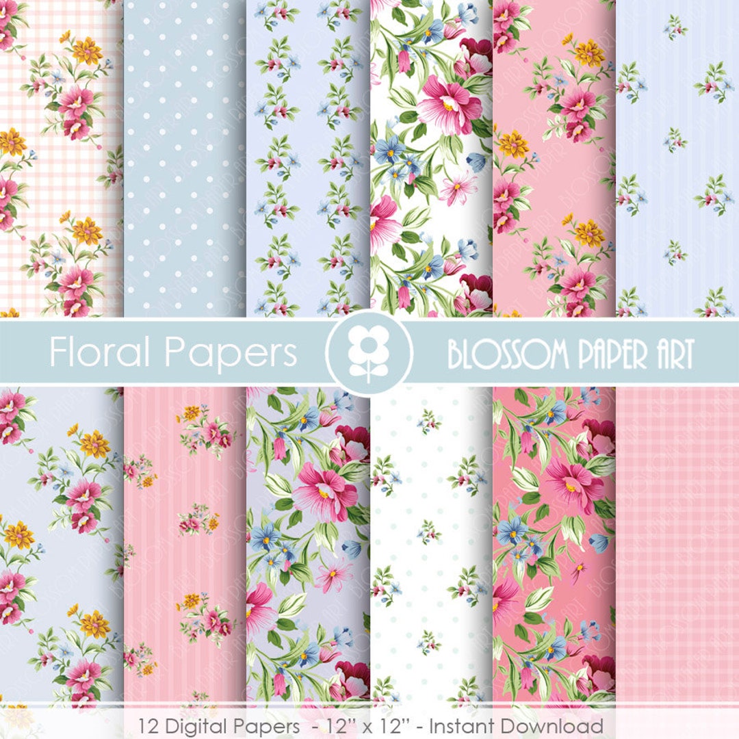 Shabby Chic Digital Paper Pack, Blue and Pink Floral Digital ...