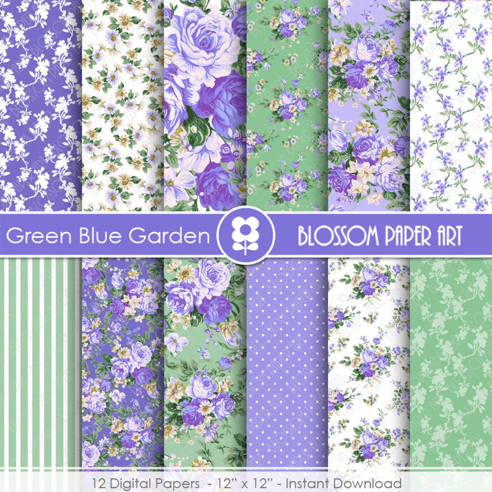 Blue Digital Paper Floral Digital Papers Rose Digital | Etsy