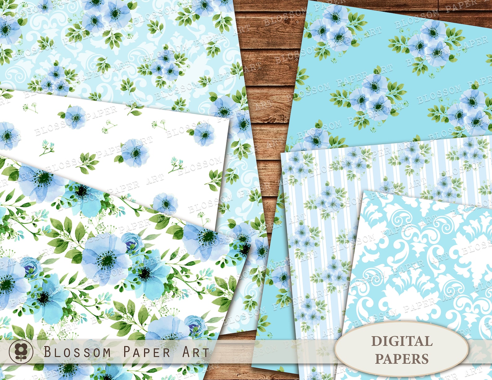 Light Blue Floral Digital Paper Scrapbooking Paper Pack | Etsy