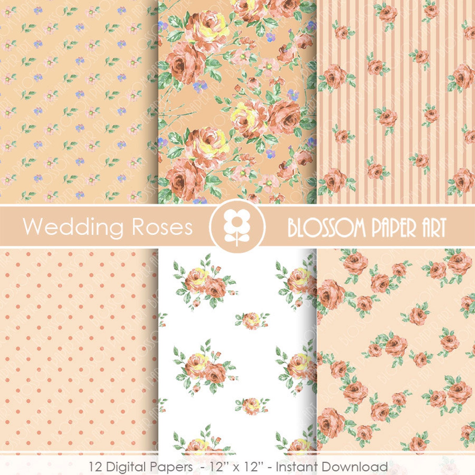 FLORAL Digital Paper Floral Digital Paper Pack Wedding Roses | Etsy