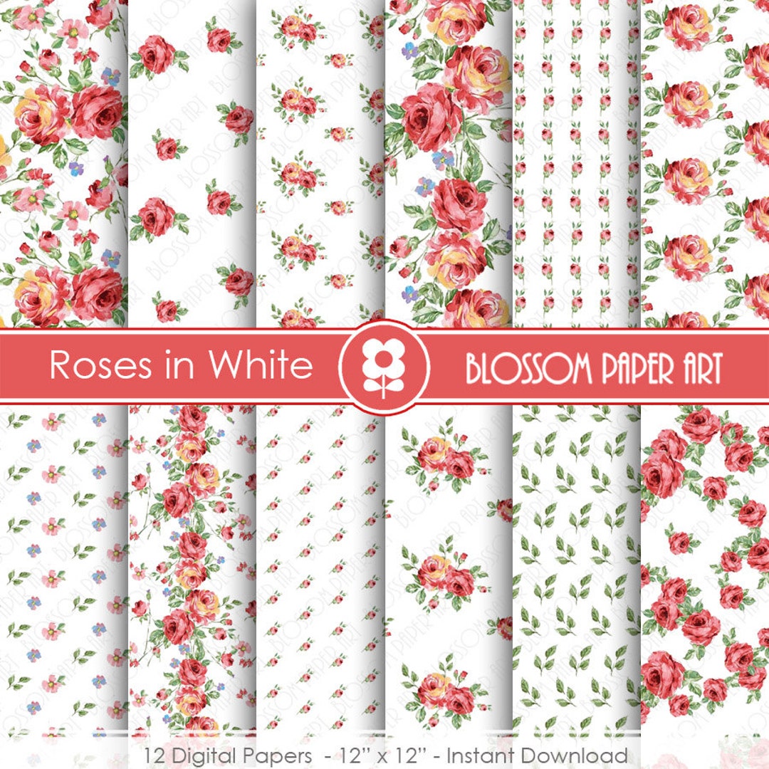 Rose Digital Paper, Rose Digital Paper Scrapbooking Pack, Roses in ...
