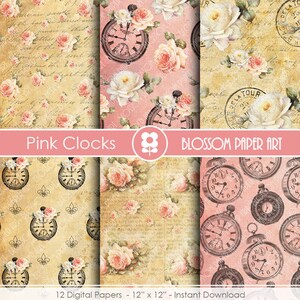Vintage Digital Paper, Clock Digital Collage Sheet, Pink Roses Clocks ...