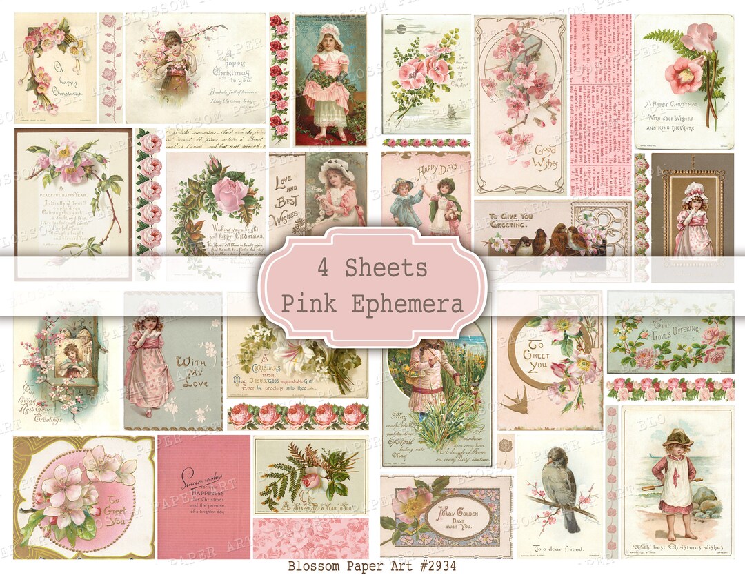 Pink Ephemera, Digital Download, Junk Journal Postcards, Ephemera Pack ...