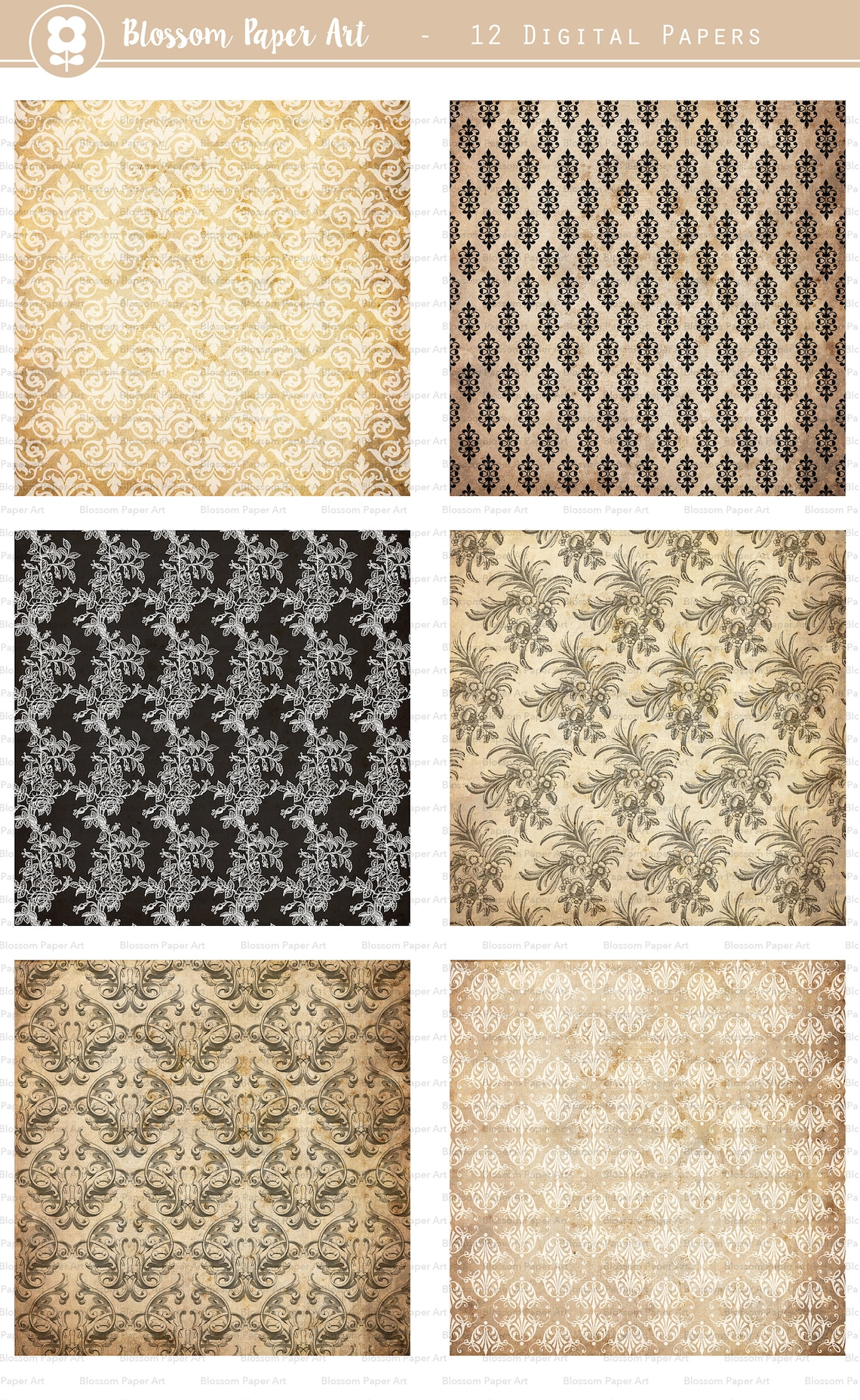 Damask Vintage Digital Paper Black Old Paper Digital Paper - Etsy