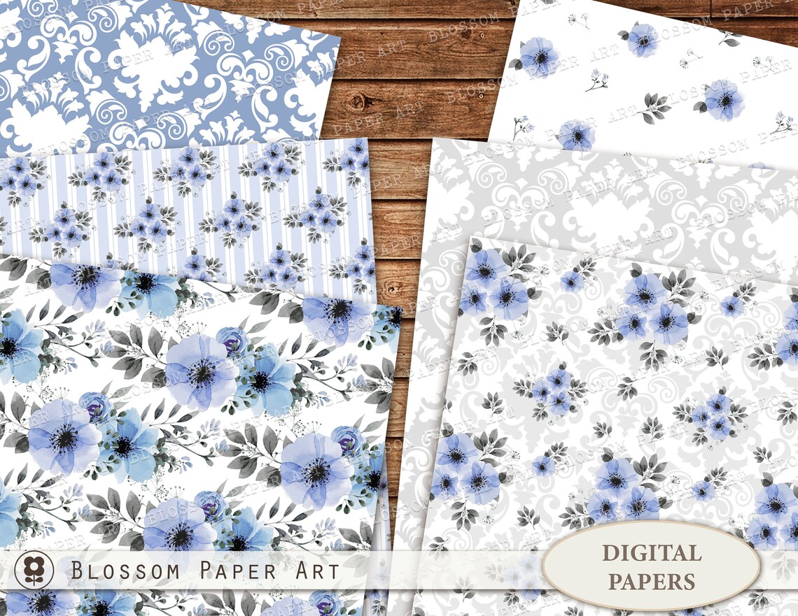 Shabby Chic Flowers Digital Paper Digital Collage Blue Flowers | Etsy