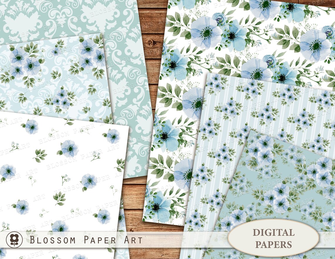 Light Blue FLORAL Digital Paper Floral Digital Collage Sheet | Etsy