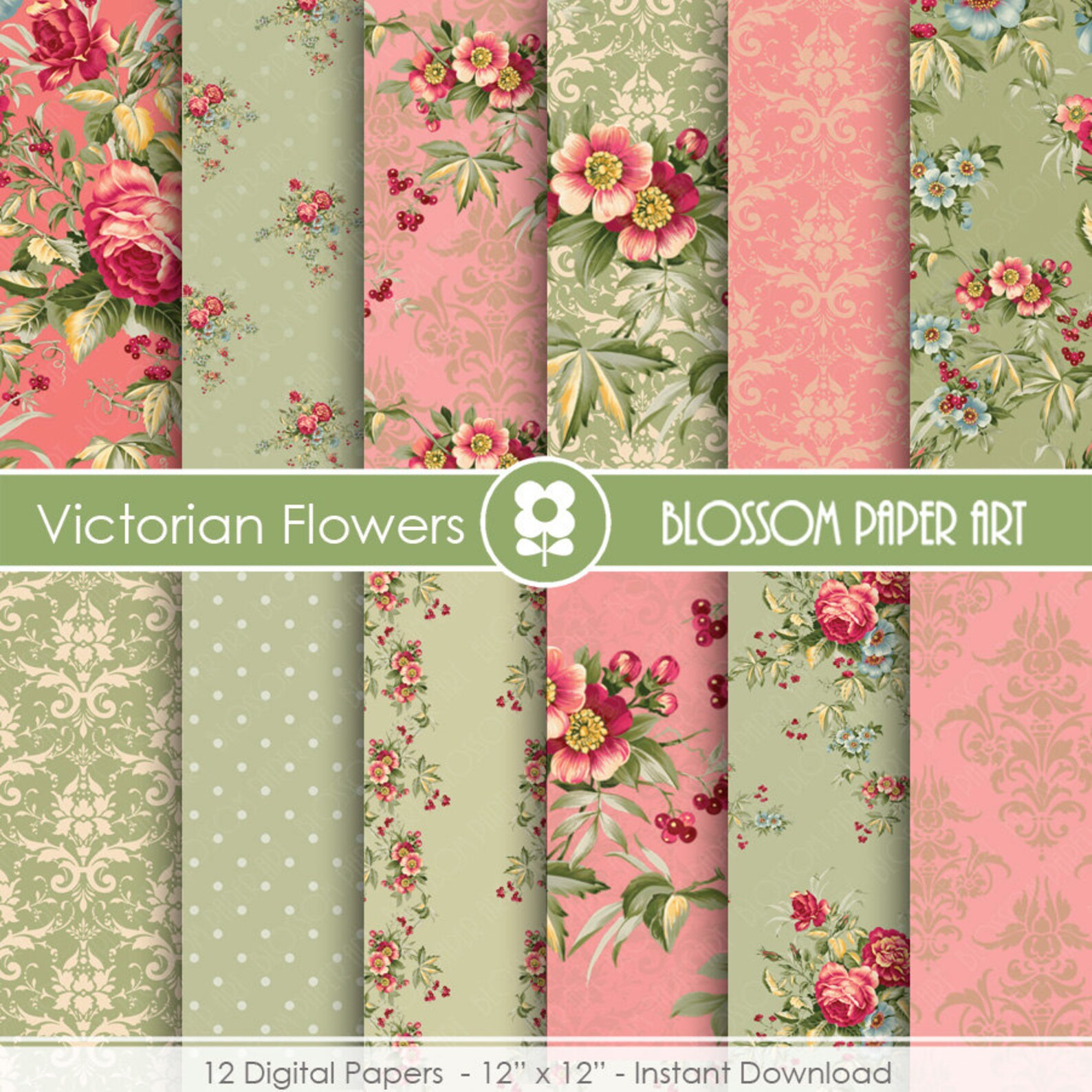 Floral Digital Paper Roses Digital Paper Pack Wedding - Etsy