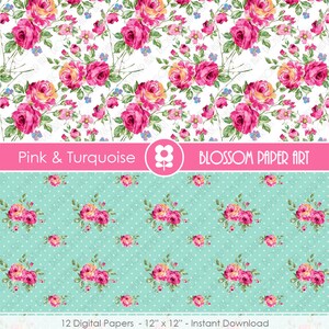 Pink Floral Papers, Light Blue Floral Paper Pack, Digital Scrapbooking ...