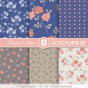 Peach and Blue Floral Digital Paper Rose Digital Paper Pack - Etsy