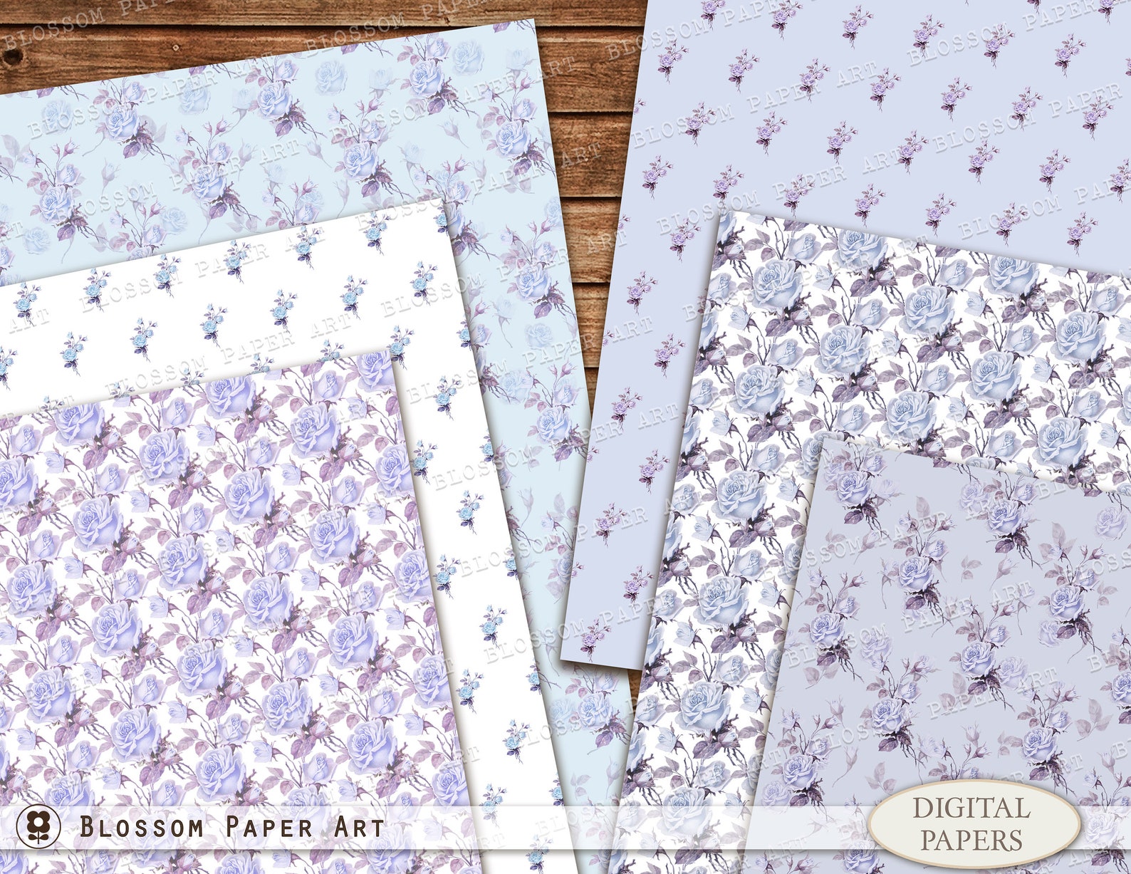 Blue Floral Papers Shabby Chic Digital Paper Pack Roses | Etsy
