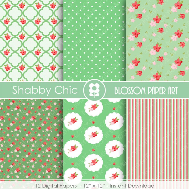Digital Paper Red Green Flowers Digital Paper Pack | Etsy