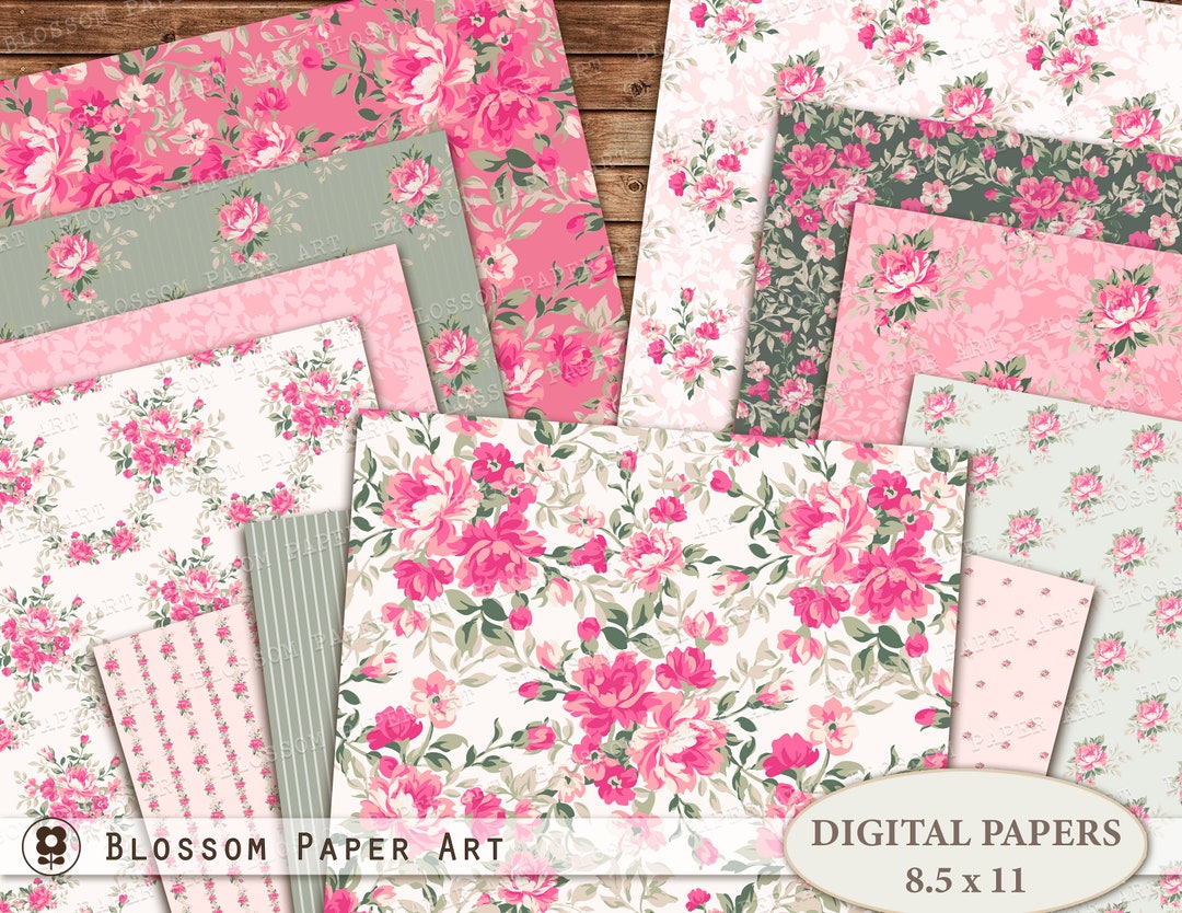 Pink Floral Digital Paper, Scrapbook Paper Pack, Pink Rose Collage ...