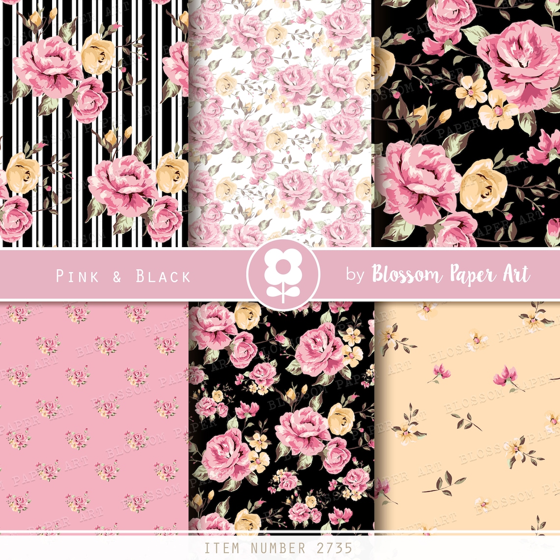 Black Floral Digital Paper Scrapbook Paper Pack Pink Roses - Etsy