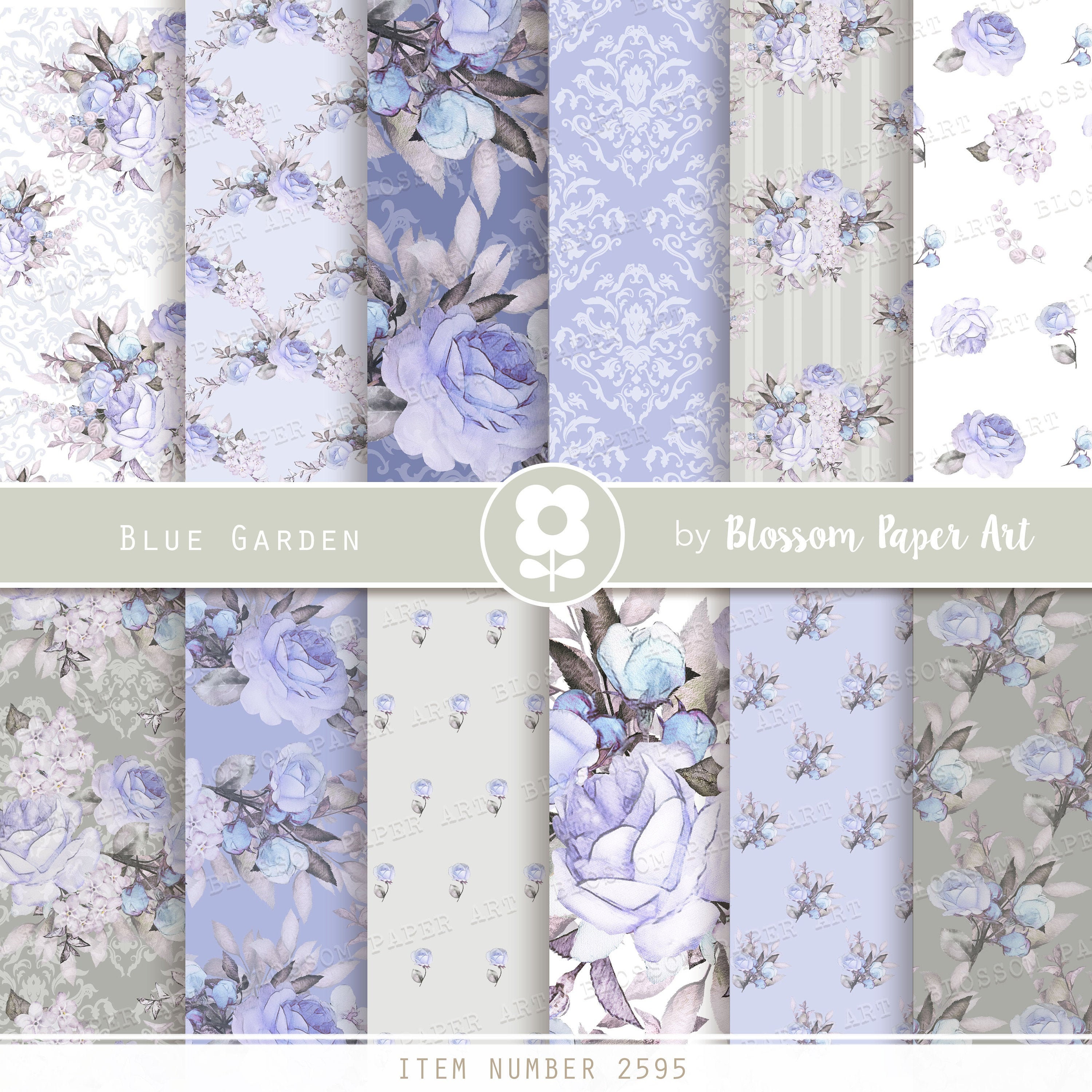 Blue Floral Digital Paper Pack: Rose Collage Sheets (digital Download ...