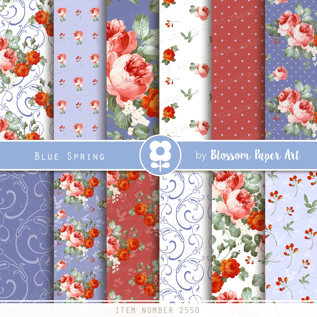 Blue Digital Paper, Scrapbook Paper, Floral Digital Papers ...