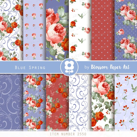 Blue Digital Paper Scrapbook Paper Floral Digital Papers - Etsy