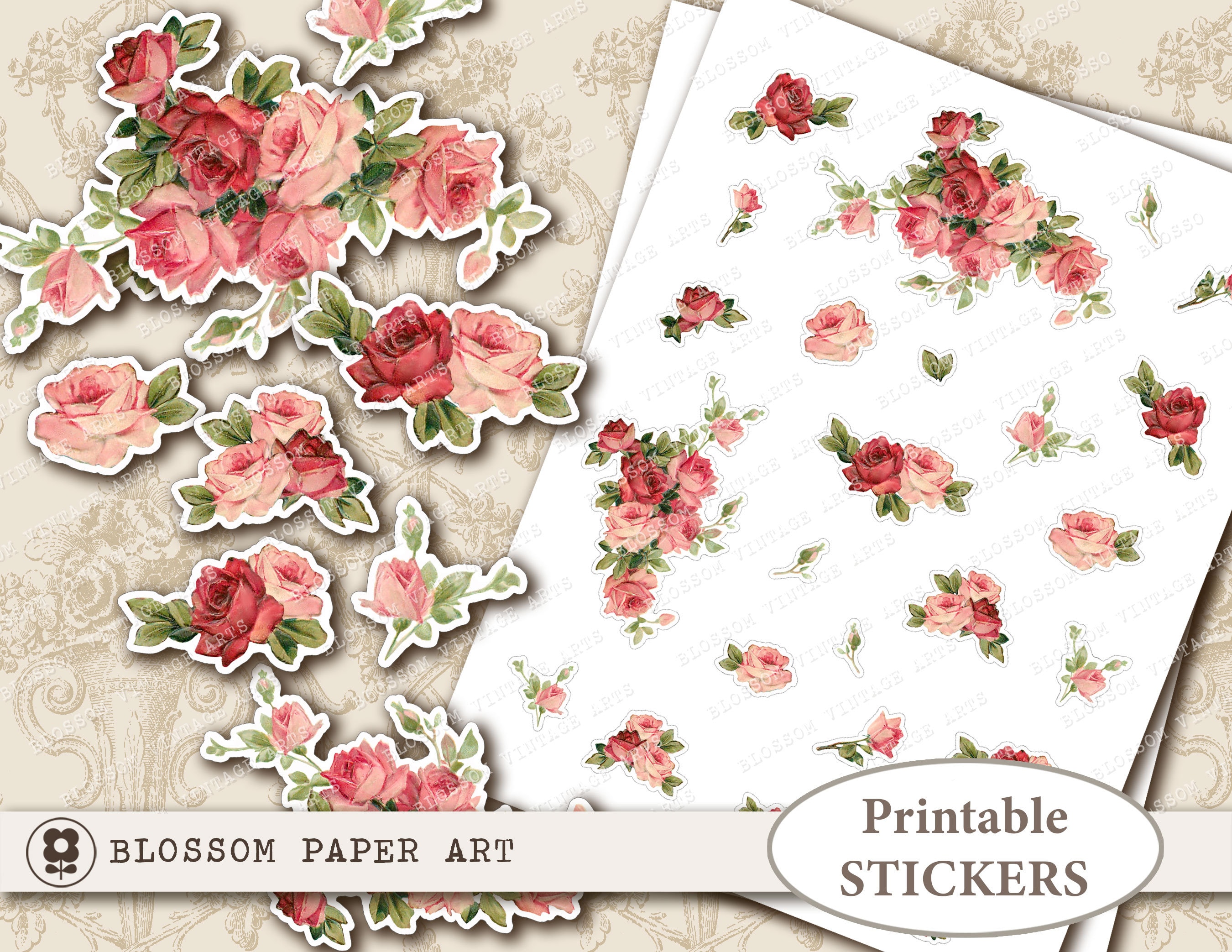 Stickers para imprimir Rosas Vintage 2662 - Etsy España