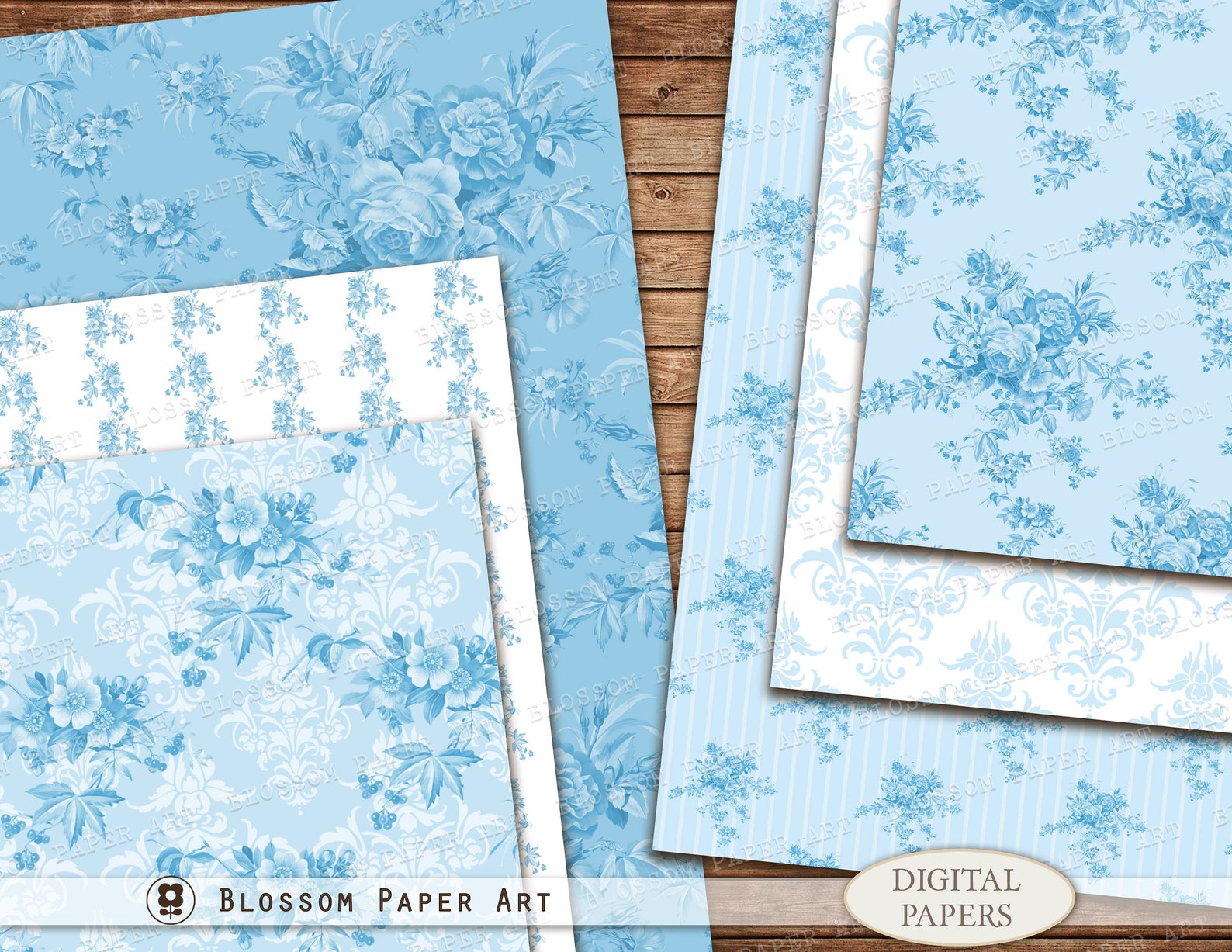 Light Blue Floral Digital Paper: Rose Collage Sheets (digital Download ...