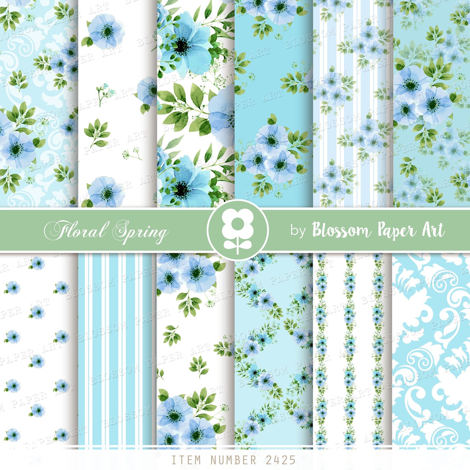 Light Blue Floral Digital Paper Scrapbooking Paper Pack | Etsy