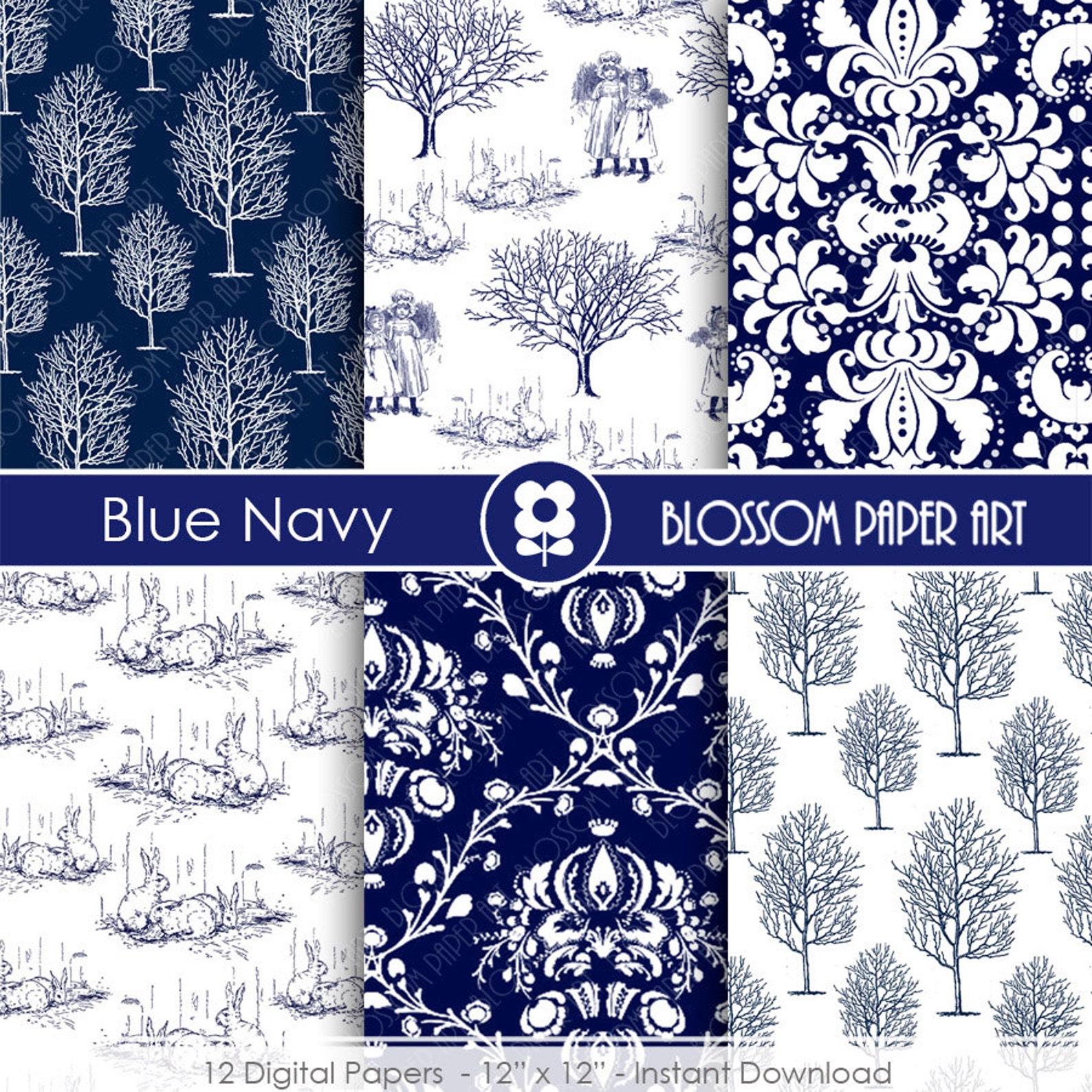 Digital Paper Blue Navy Toile Digital Paper Vintage | Etsy