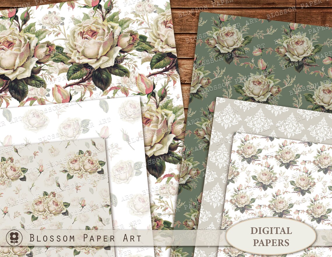 Shabby Chic Digital Paper Pack Vintage Digital Paper Roses - Etsy