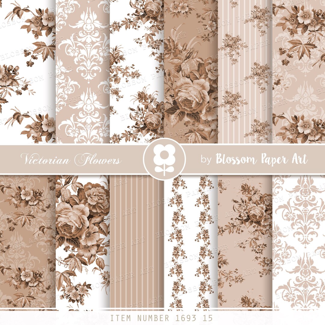 Brown Floral Digital Paper, Victorian Rose Digital Paper Pack, Vintage ...