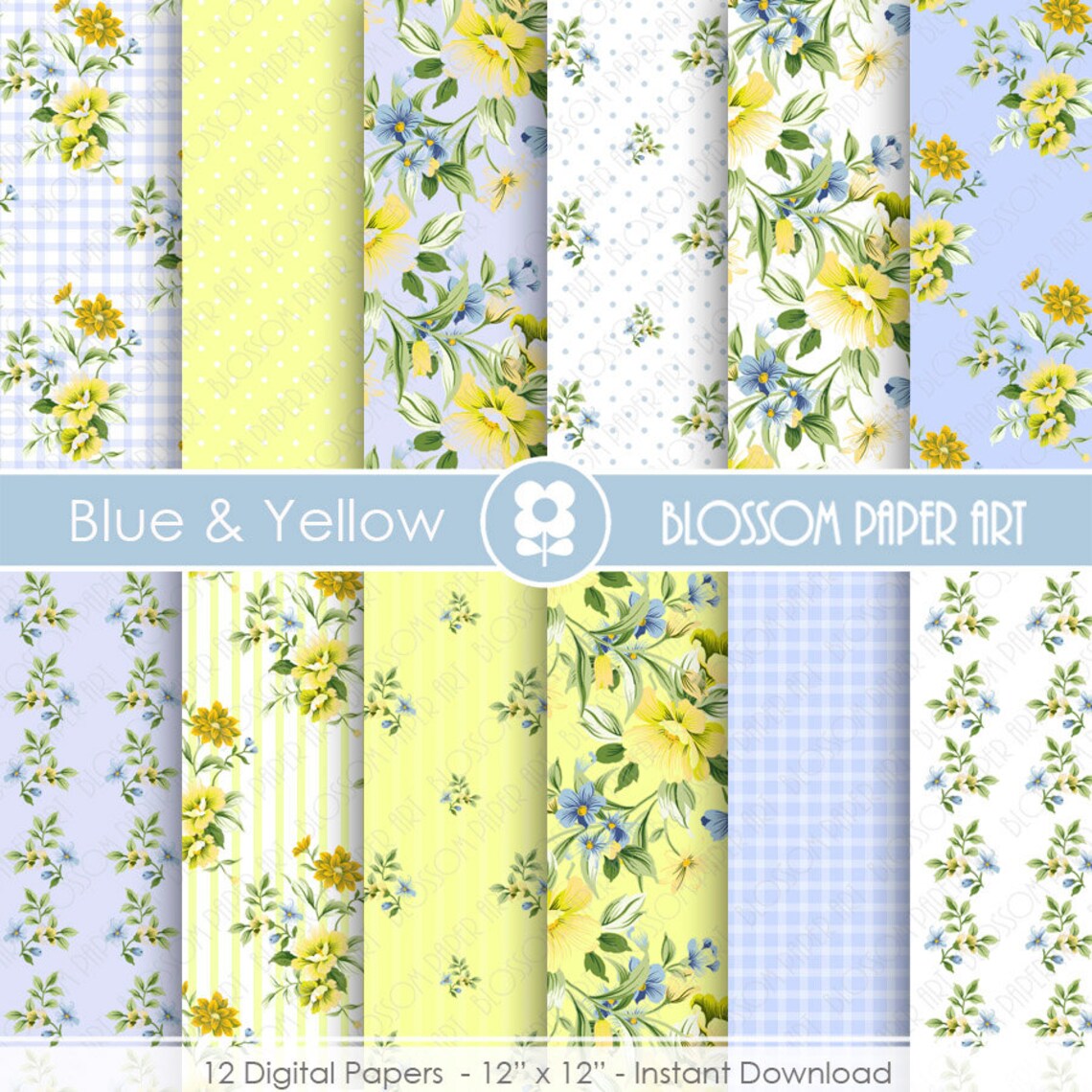 Floral Digital Paper Floral Digital Paper Pack Yellow Blue - Etsy