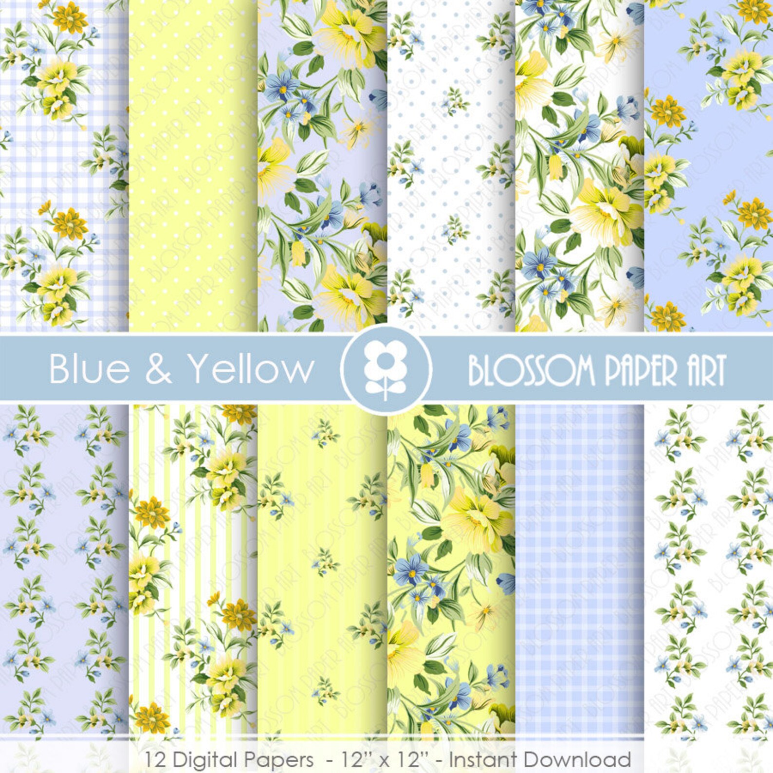 Floral Digital Paper Floral Digital Paper Pack Yellow Blue - Etsy