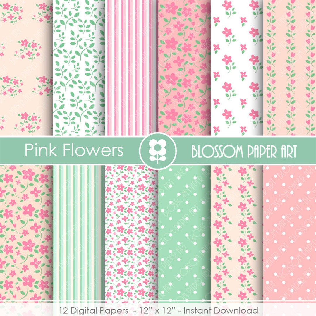 Pink Floral Digital Paper Pack, Shabby Chic Scrapbooking (digital ...