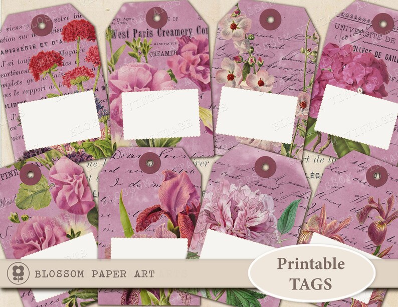 Purple FLORAL Tags Junk Journal Printable Tags Digital Sheet - Etsy