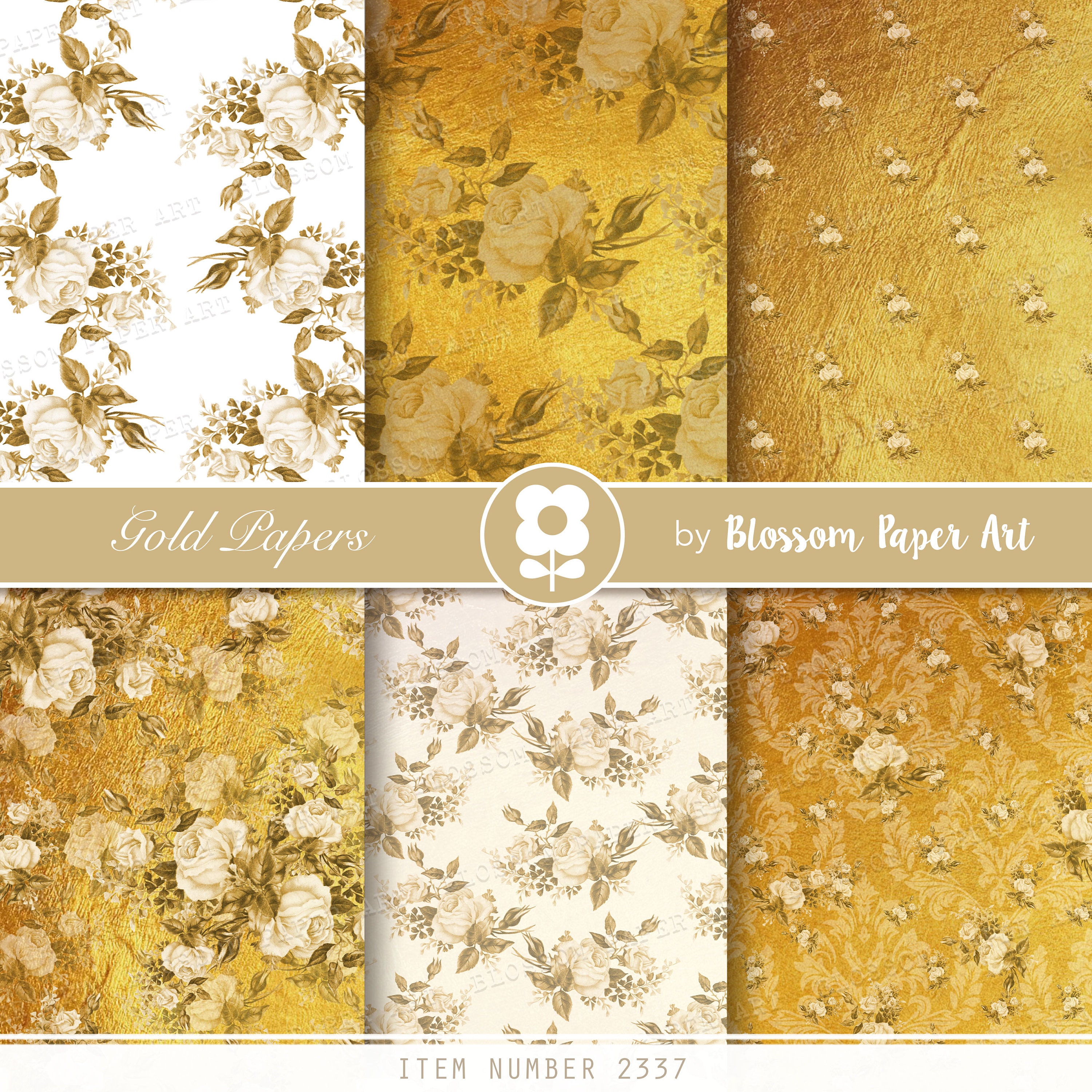 Gold Digital Paper Gold Floral Collage Sheet Roses Digital | Etsy